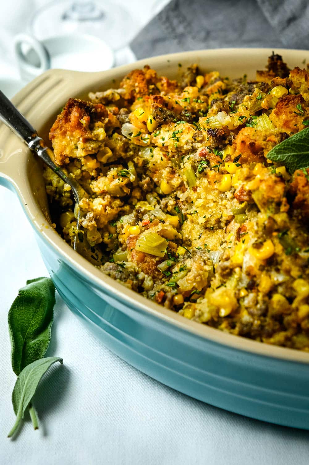 Green Chile Cornbread Stuffing Casserole with Sausage - Garlic & Zest
